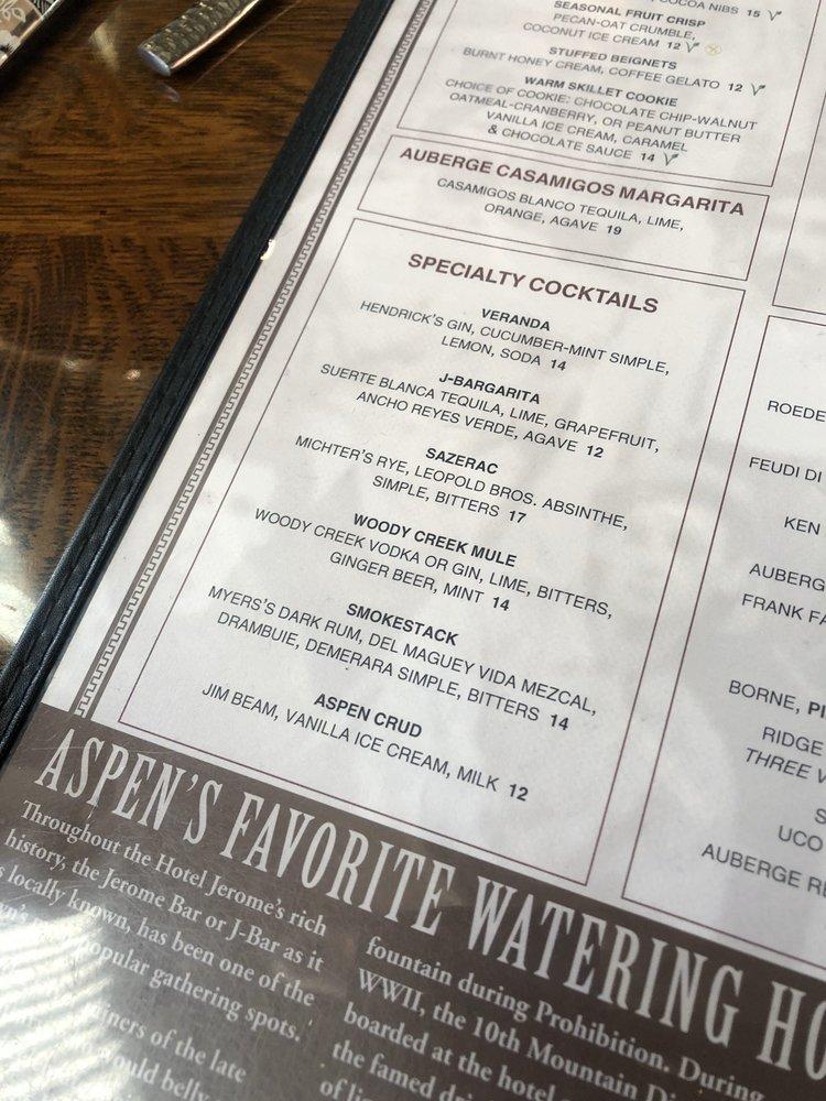 Menu at J-Bar, Aspen