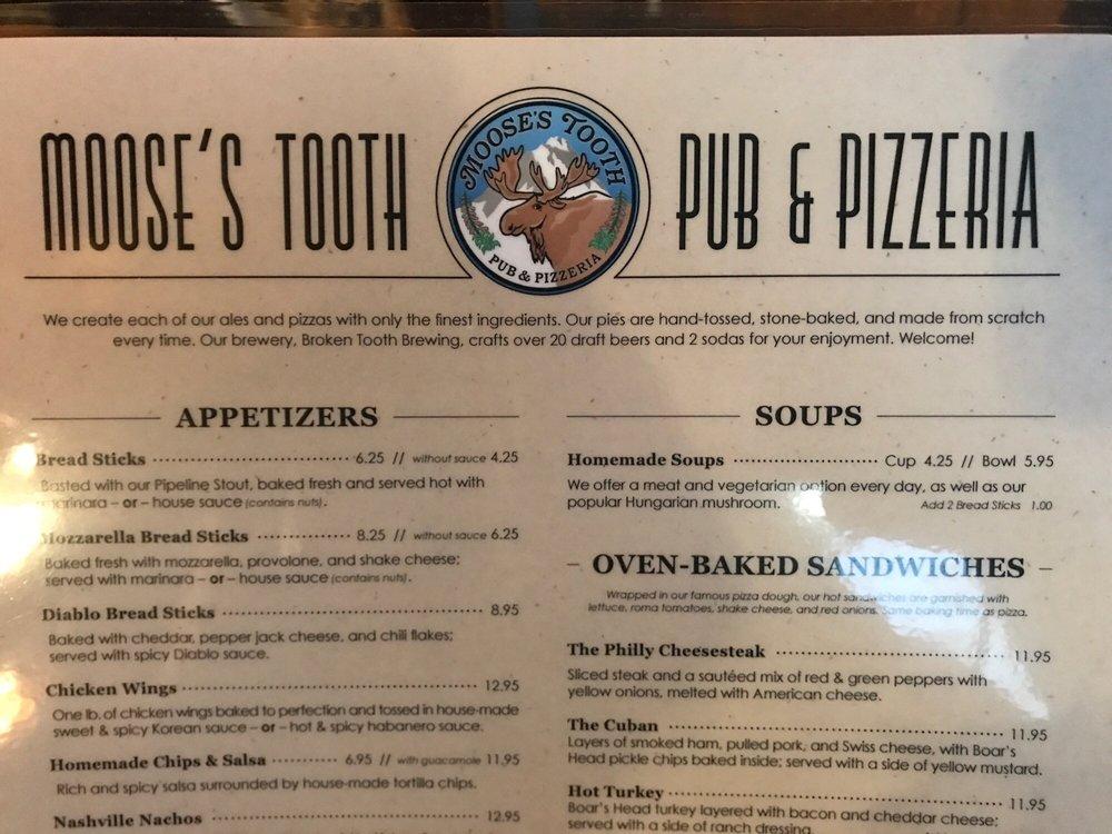 Menu at Moose's Tooth Pub & Pizzeria, Anchorage