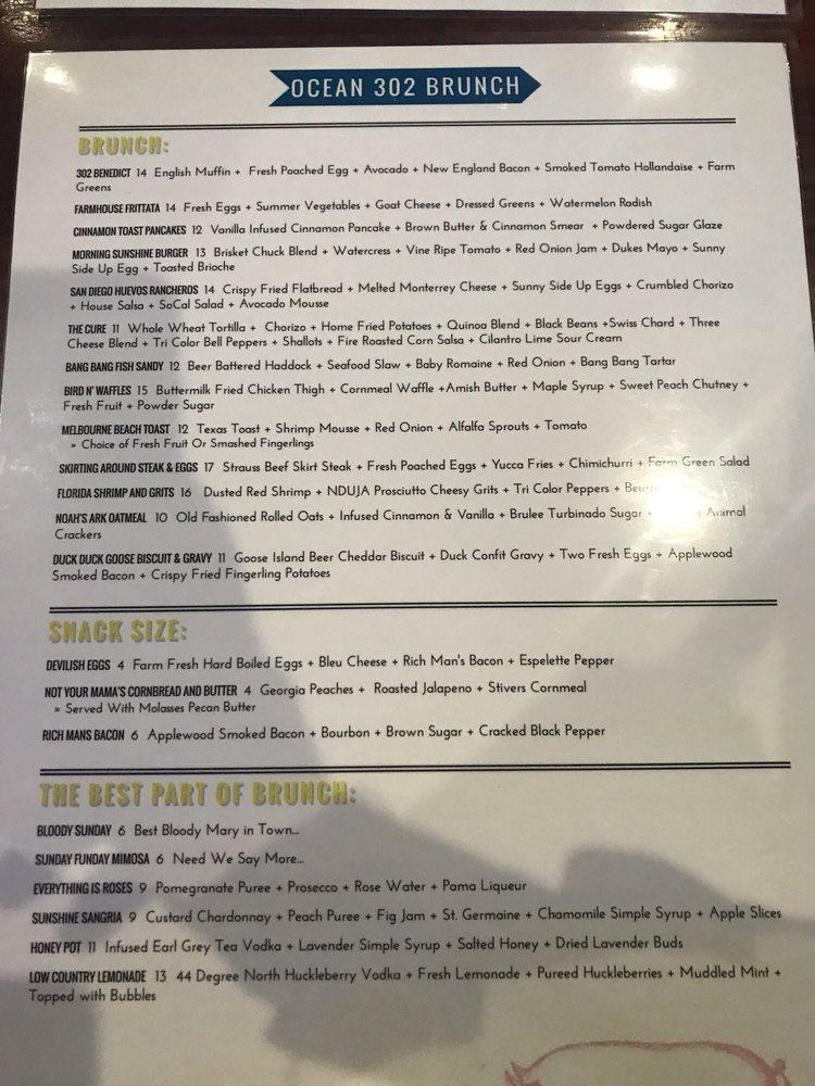 Menu at Ocean 302 steakhouse, Melbourne Beach