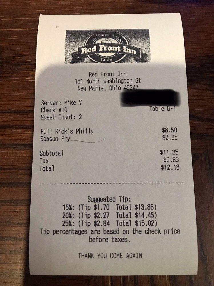 Menu at Red Front Inn pizzeria, New Paris