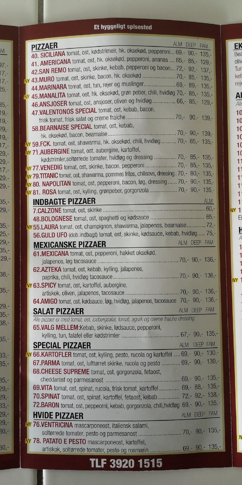 Menu at Roma Pizza & Burger pizzeria, Copenhagen