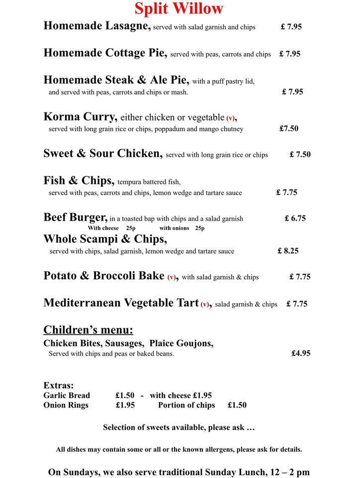 Menu at Split Willow restaurant, Llanfairfechan