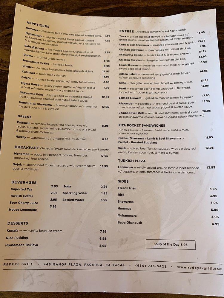 Menu at Redeye Grill restaurant, Pacifica