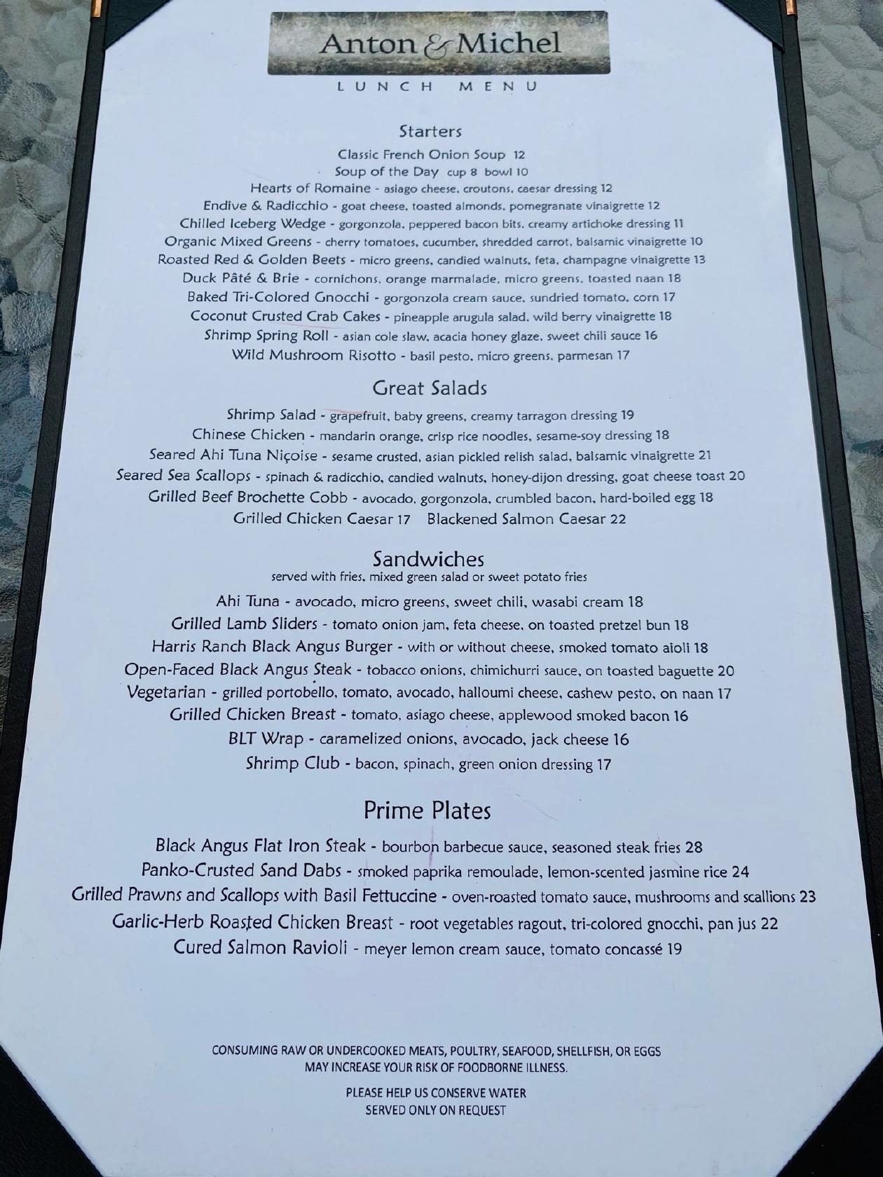 Menu at Anton & Michel Restaurant, Carmel-by-the-Sea
