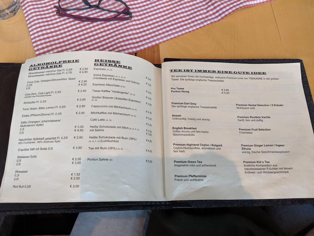 Menu at Arena Bistro restaurant, Zell am Ziller