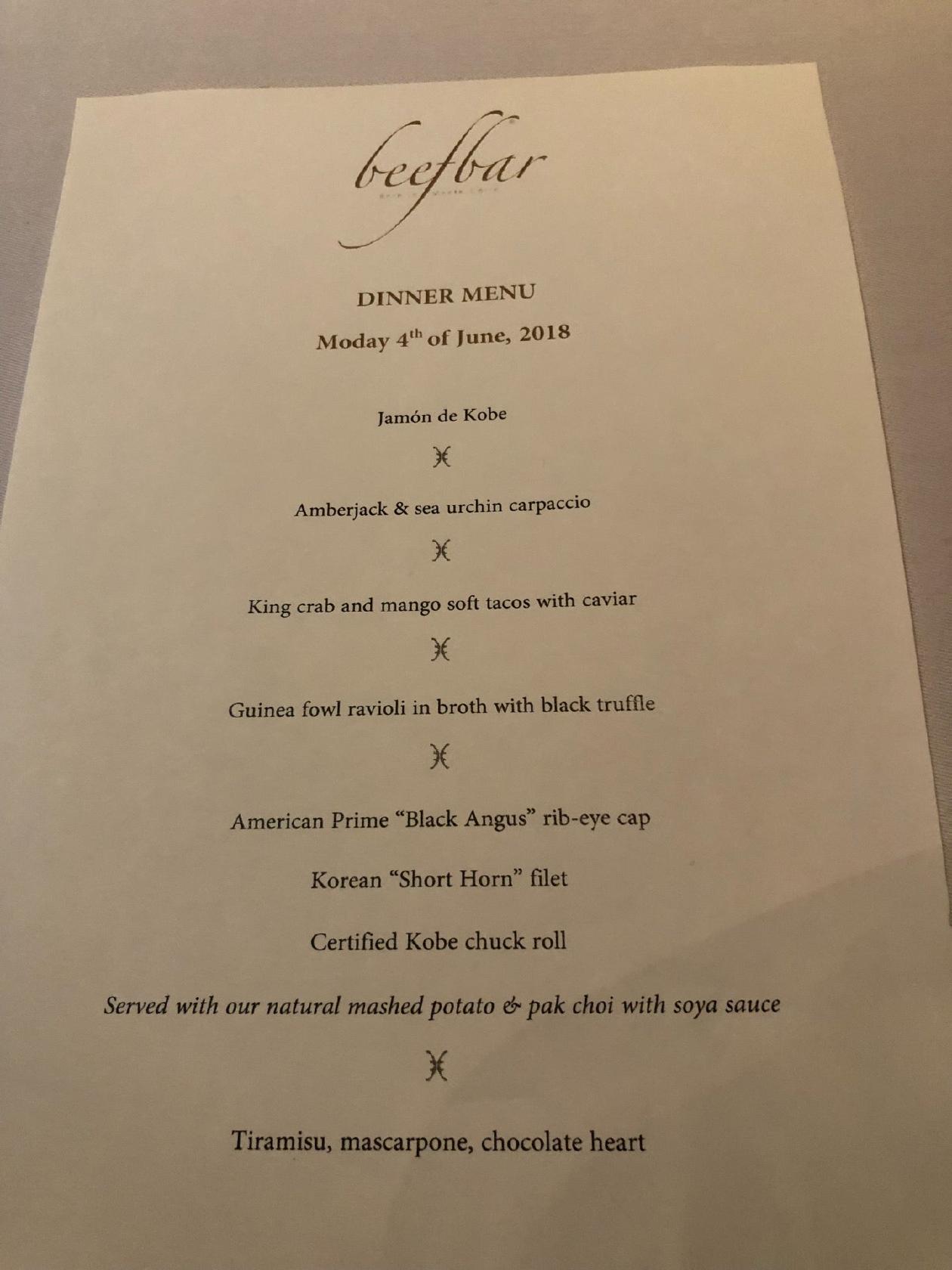Menu at Beefbar Hong Kong, Hong Kong