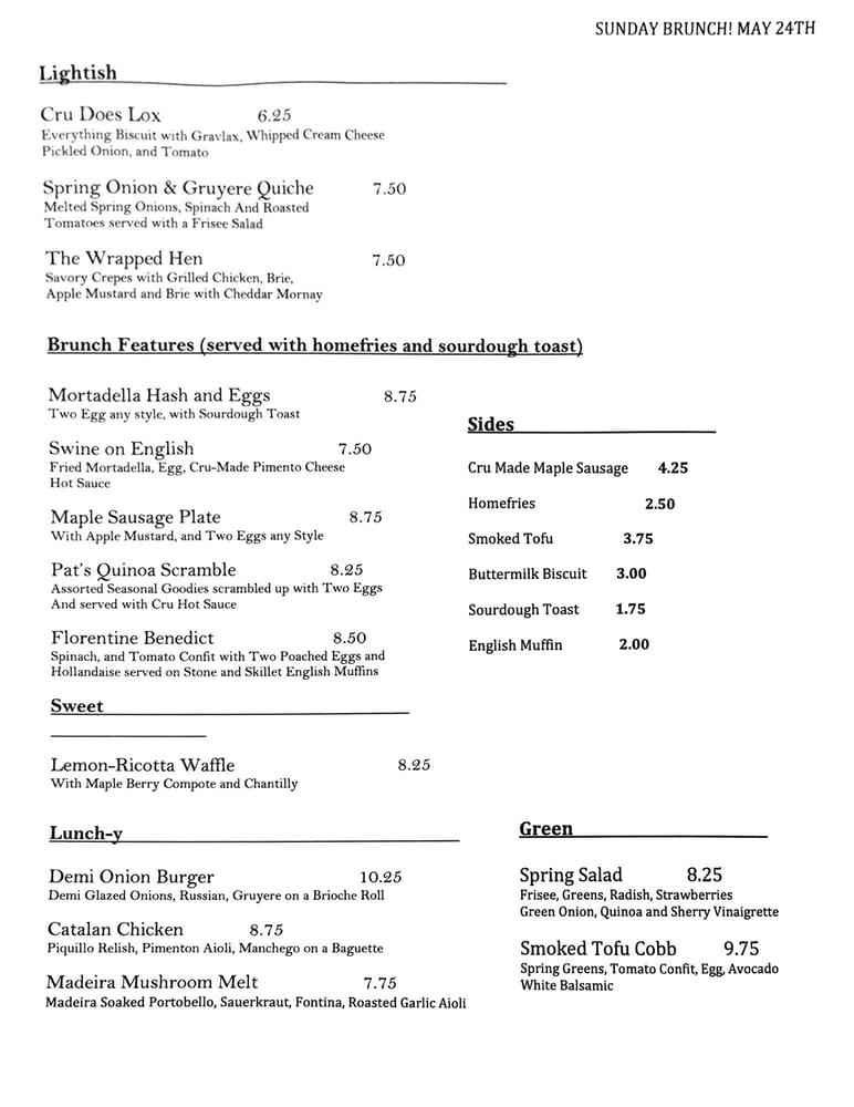 Menu at CRU Café cafe, Newport