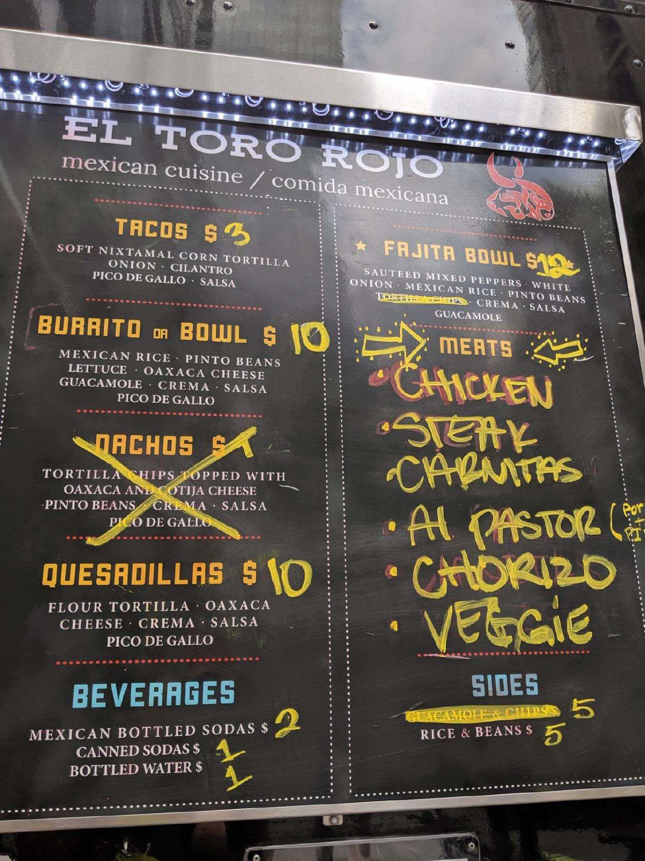 Menu at El Toro Rojo restaurant, New York City