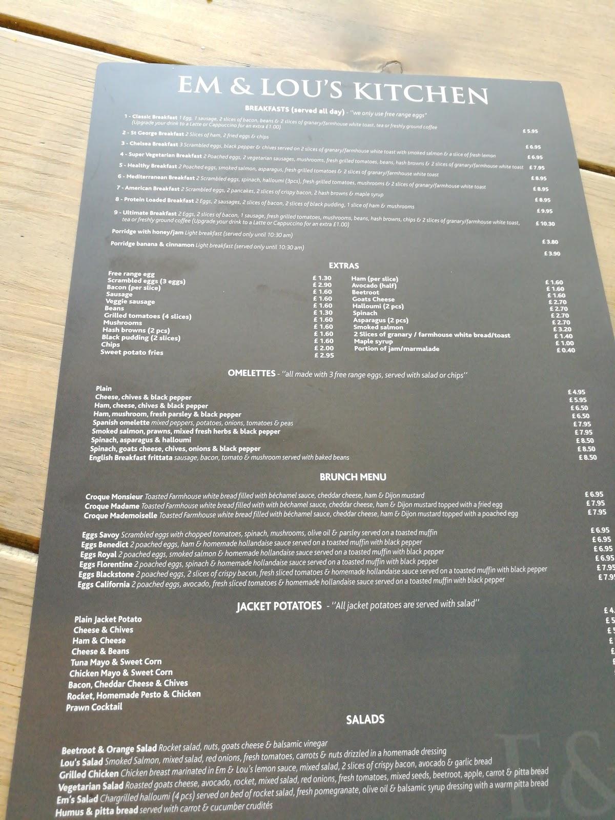 Menu at Em’s Kitchen restaurant, Beckenham