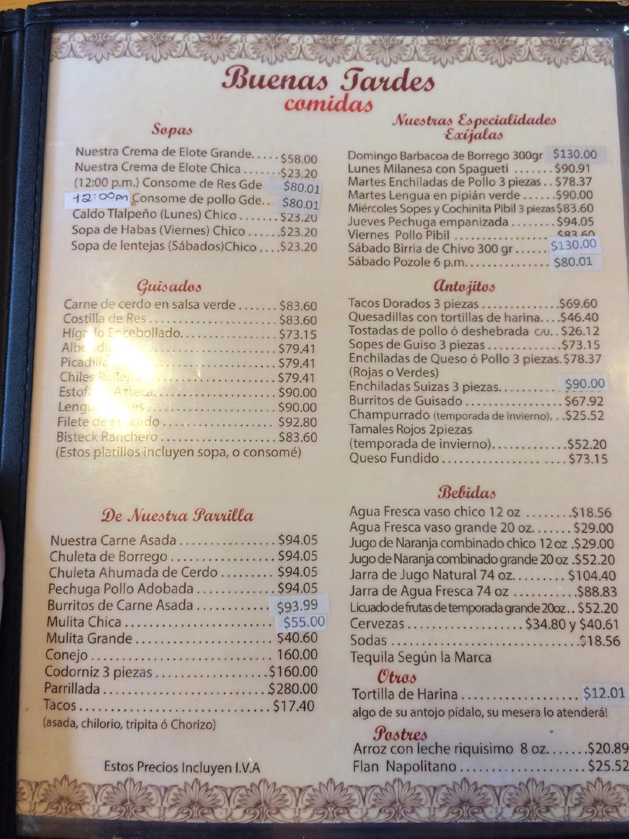 Menu at Fonda La Finca restaurant, Tijuana, José María Velazco 2680