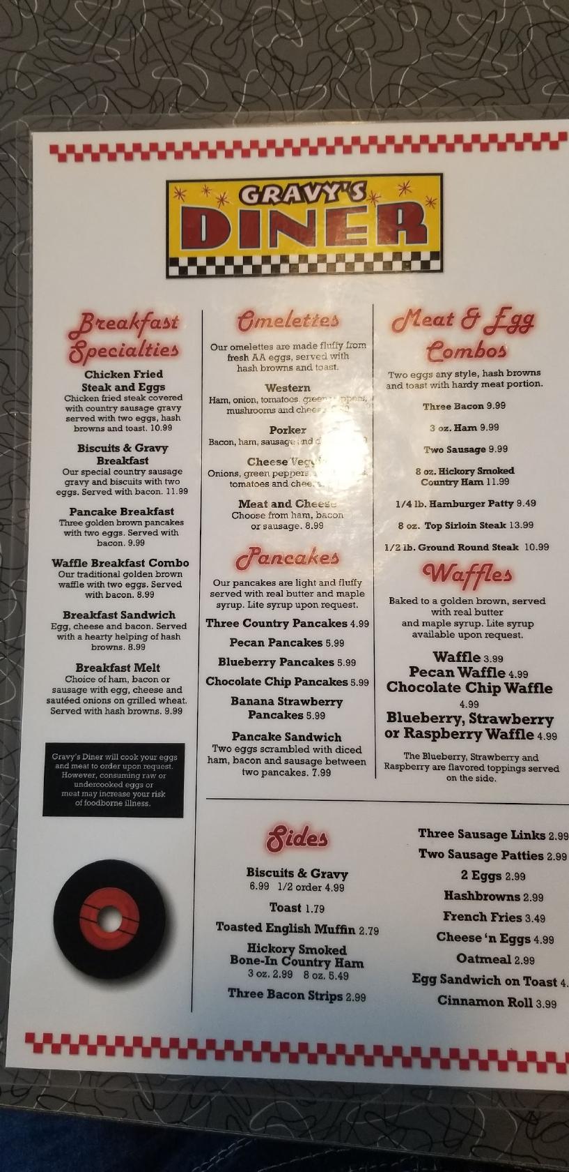 Menu at Gravy's Diner restaurant, Cedar Falls
