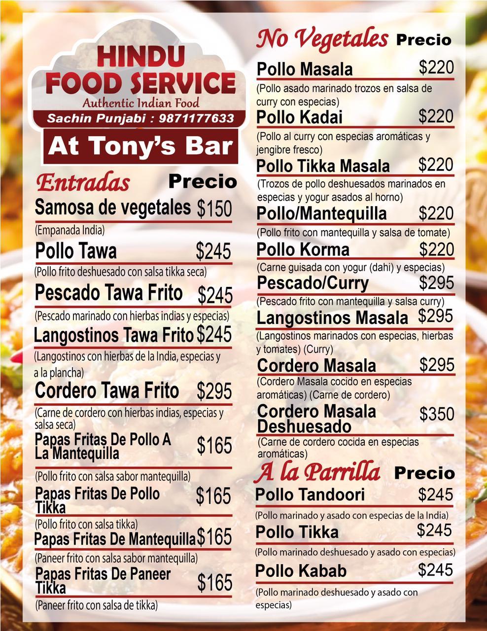Menu at Hindu Restaurant, San Miguel de Cozumel