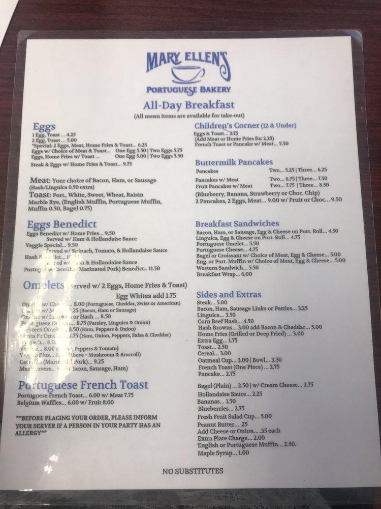 Menu at Mary Ellen's Portuguese Bakery, Falmouth