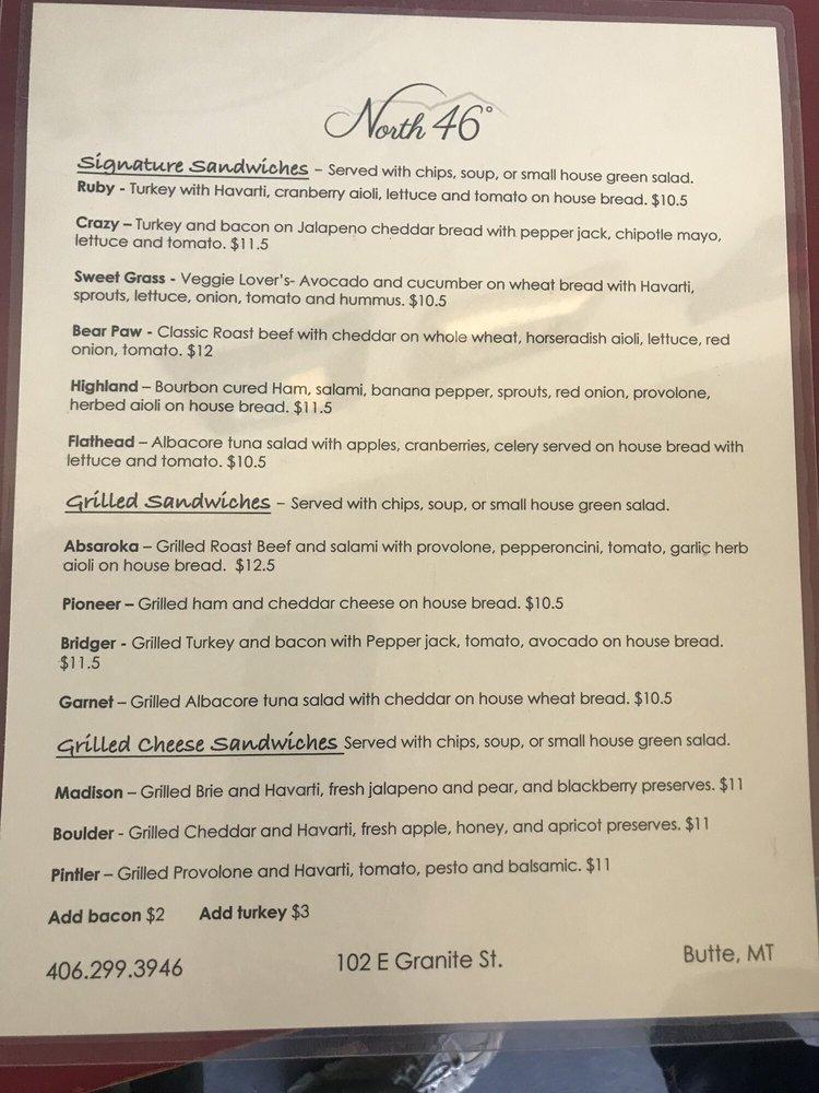Menu at North 46 restaurant, Butte
