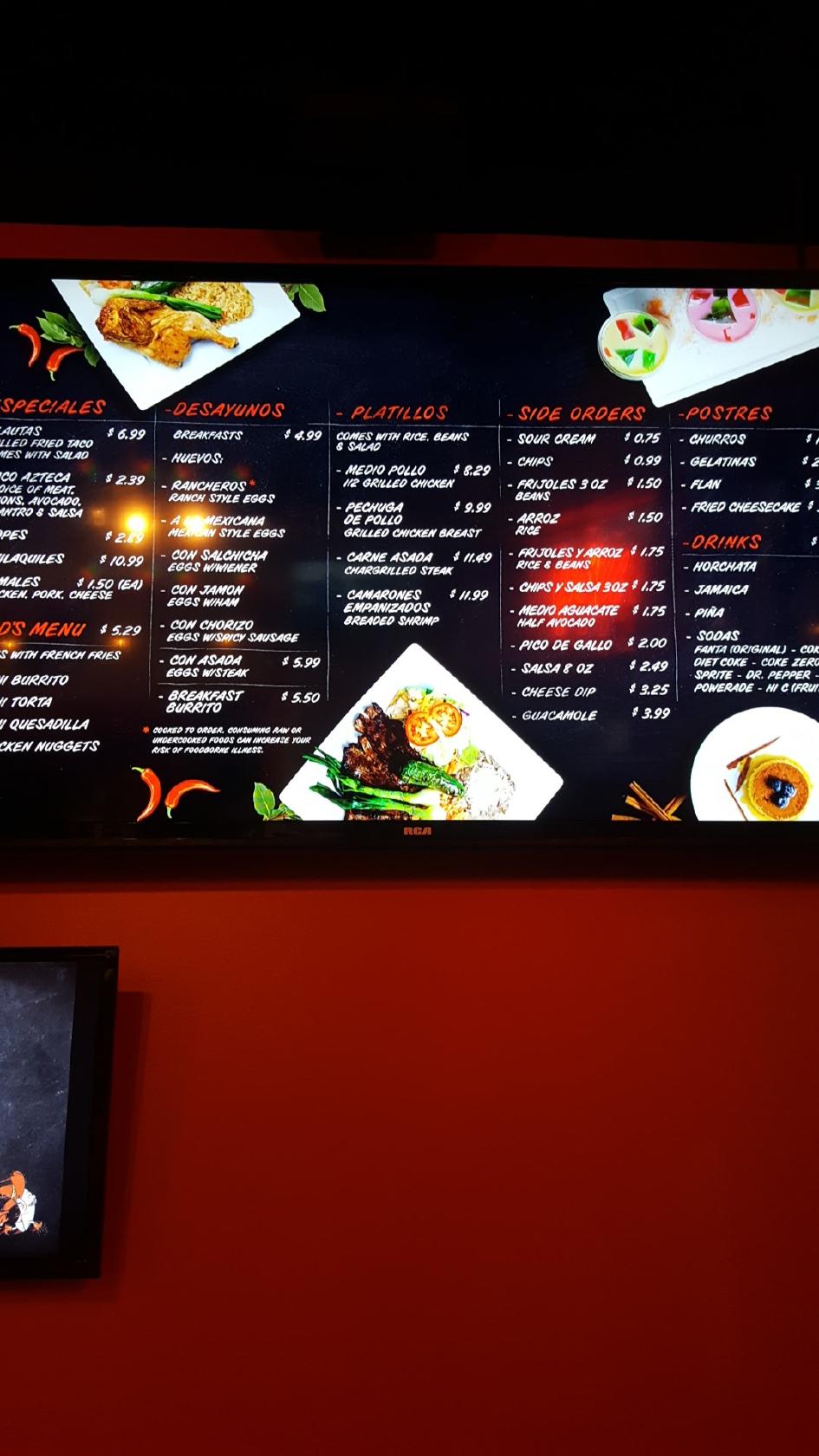 Menu at Speedy Burrito fast food, Winder