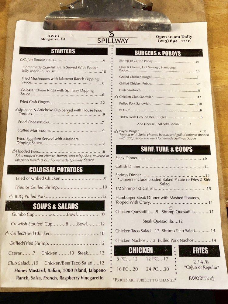 Menu at Spillway Café cafe, Morganza
