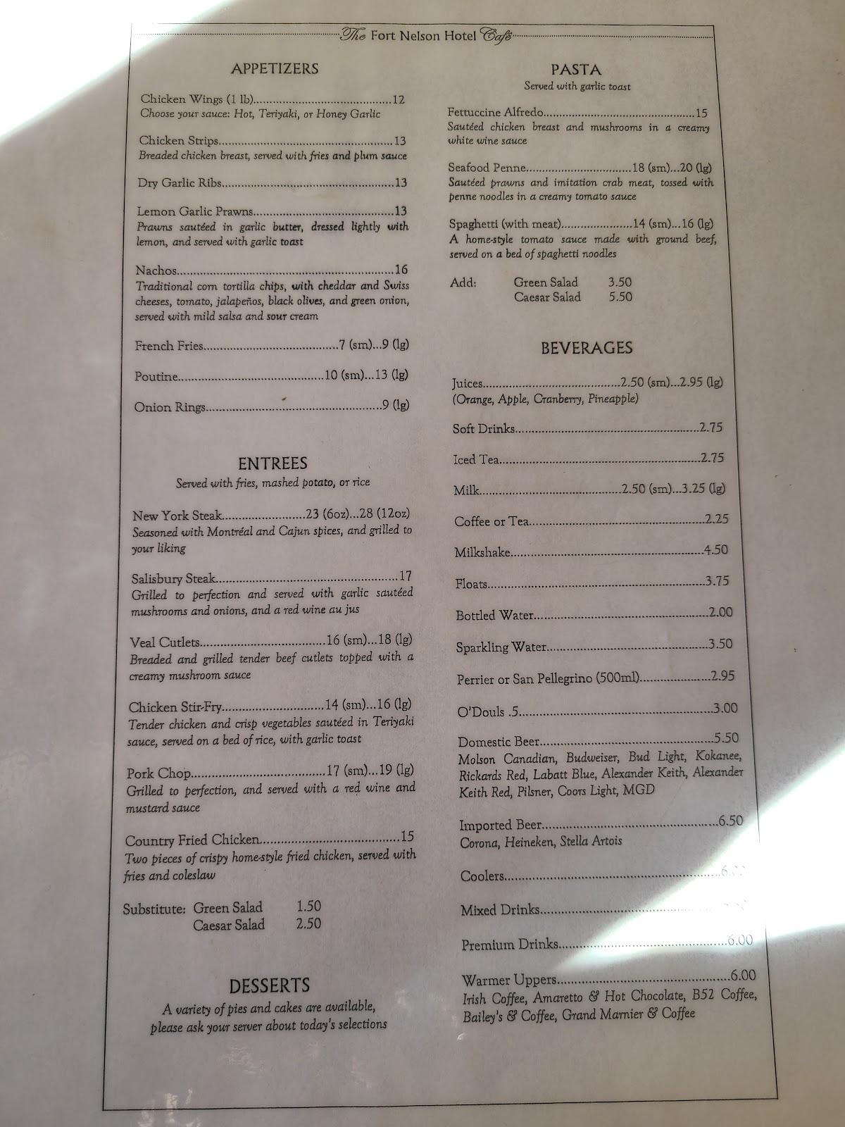 Menu at The Fort Cafe, Fort Nelson