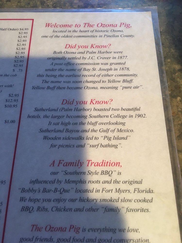 Menu at The Ozona Pig BBQ, Palm Harbor