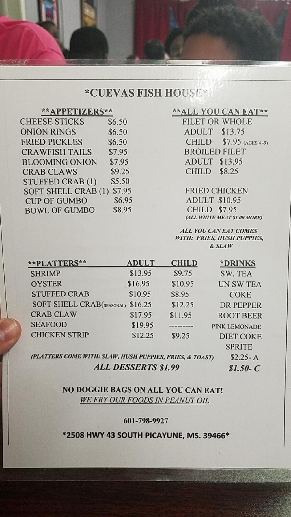 Menu at Cuevas Fish House restaurant, Picayune