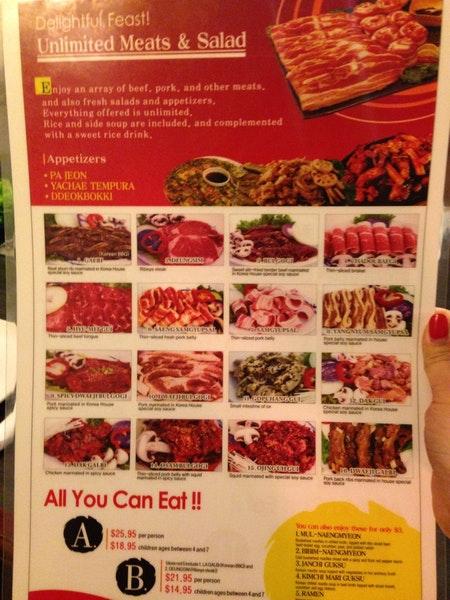 Menu at Korea House BBQ, Houston