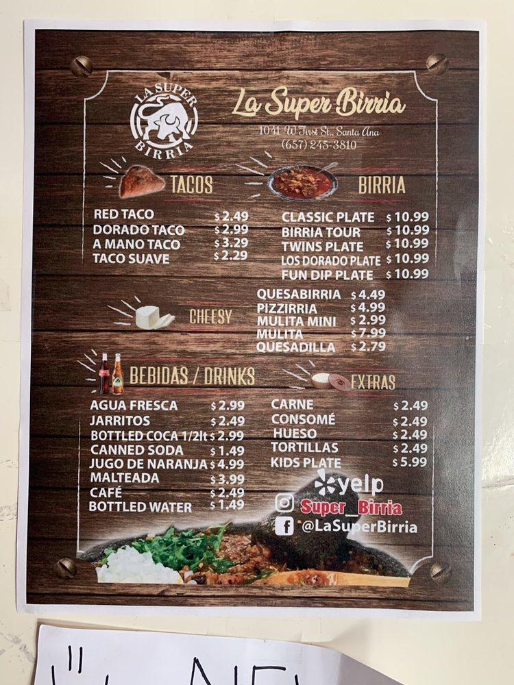 Menu at La Super Birria restaurant, Santa Ana