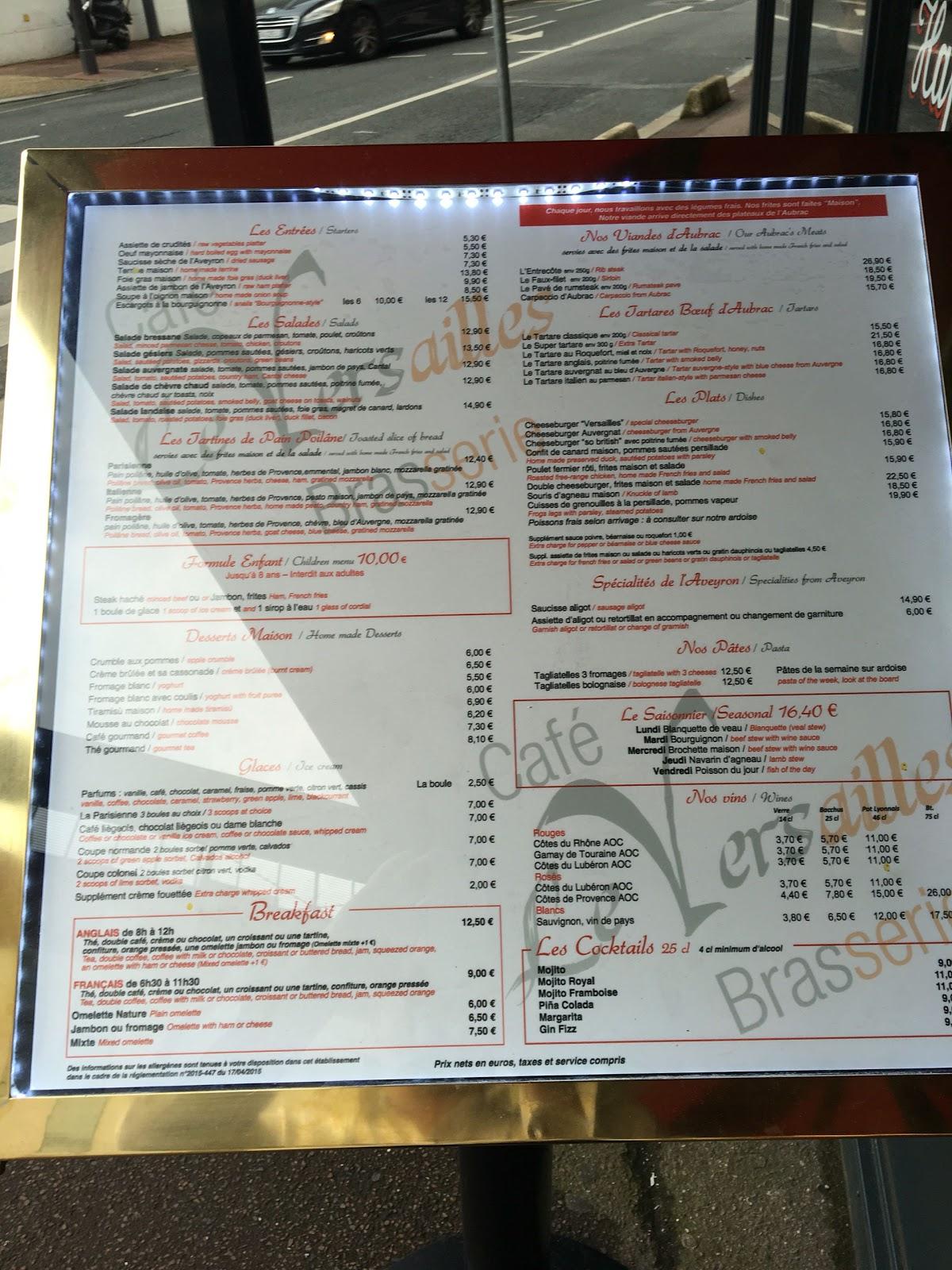 Menu at Le Versailles restaurant, Issy-les-Moulineaux, 1 Rue Ernest Renan