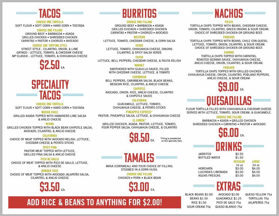 Menu at MP Taqueria restaurant, Eagle