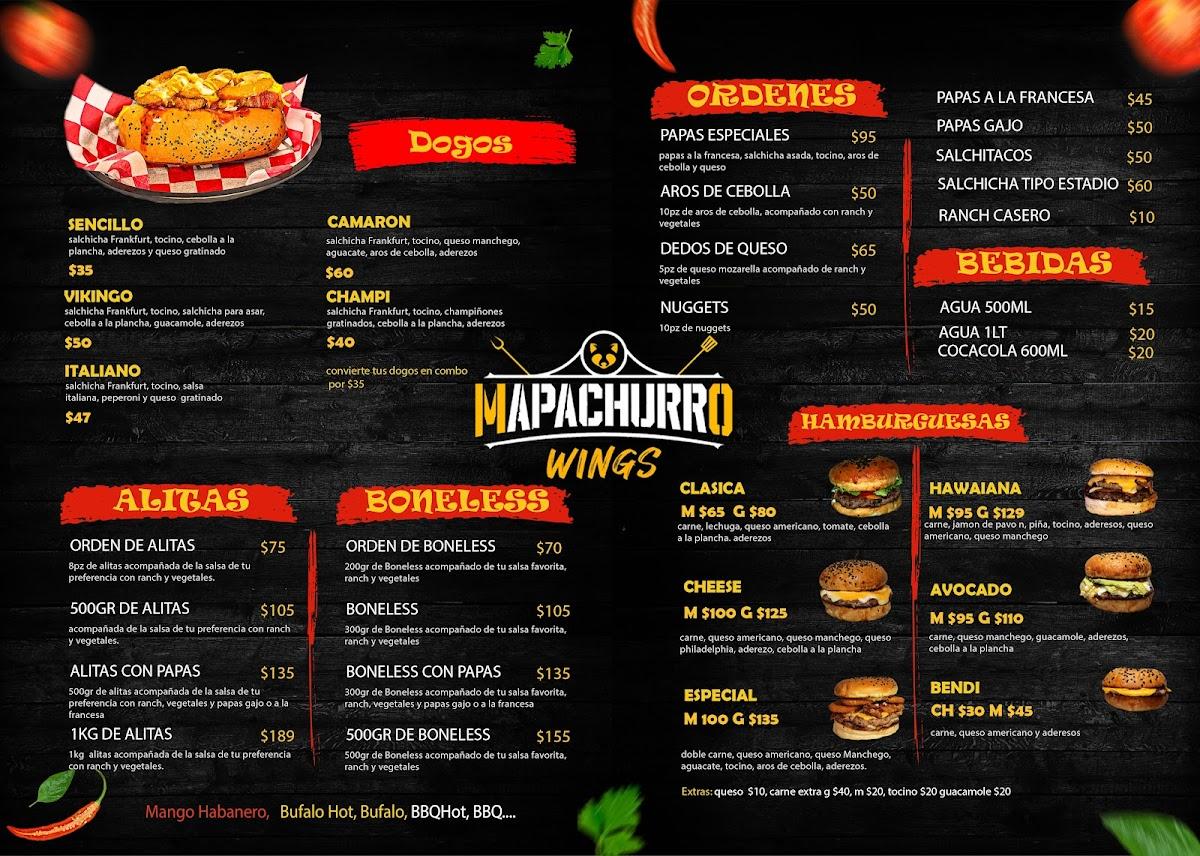 Menu at Mapachurro Wings restaurant, Mazatlán