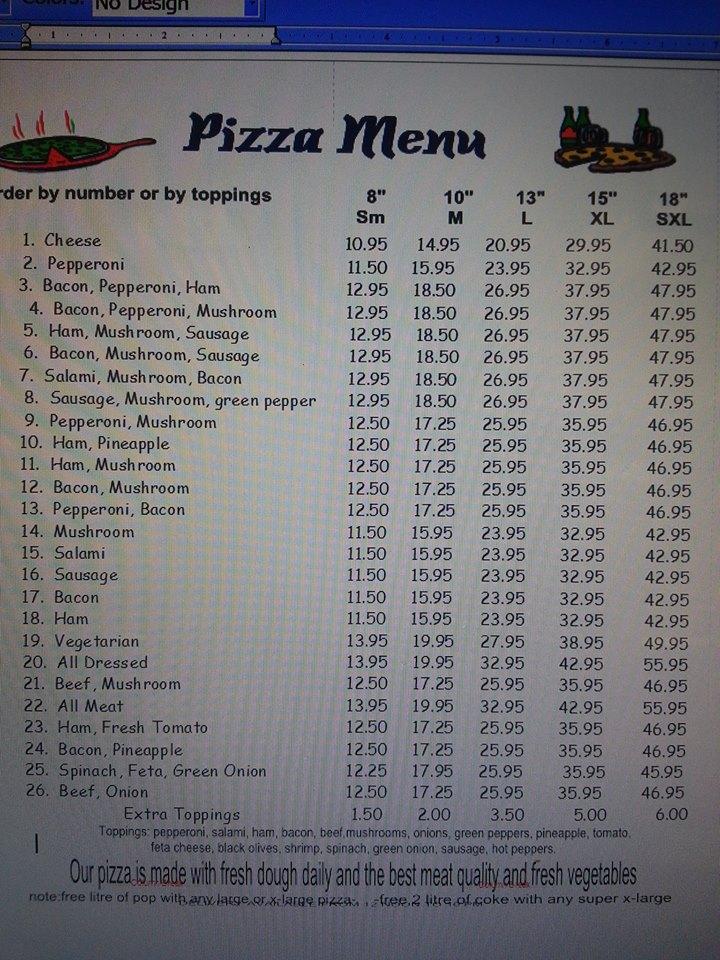 Carta de pizzería Pinocchio Pizza & Burgers, Regina