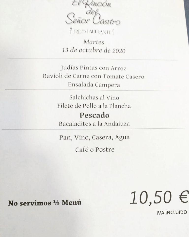 Carta de Restaurante El Rincón del Señor Castro, Daganzo de Arriba