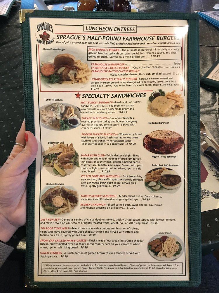 Menu at Sprague's Maple Farms restaurant, Portville