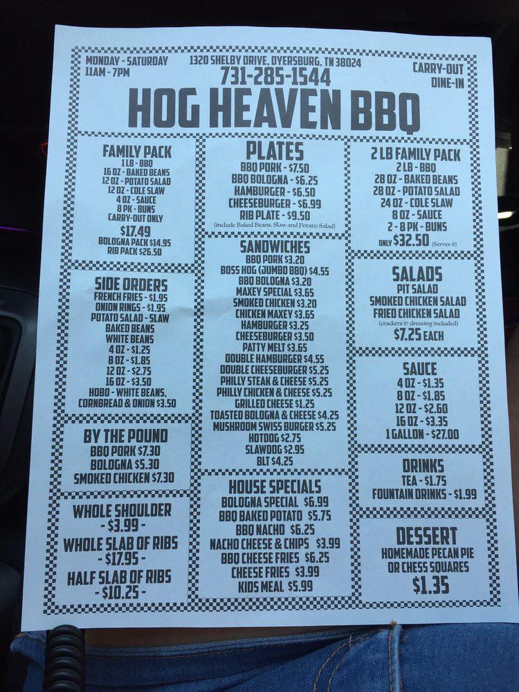 Menu at Hog Heaven BBQ, Dyersburg, Shelby Dr