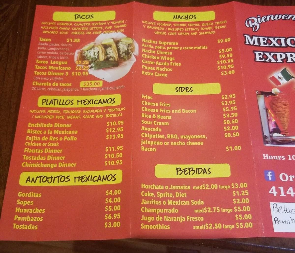 Menu at Mexicano Express restaurant, Milwaukee