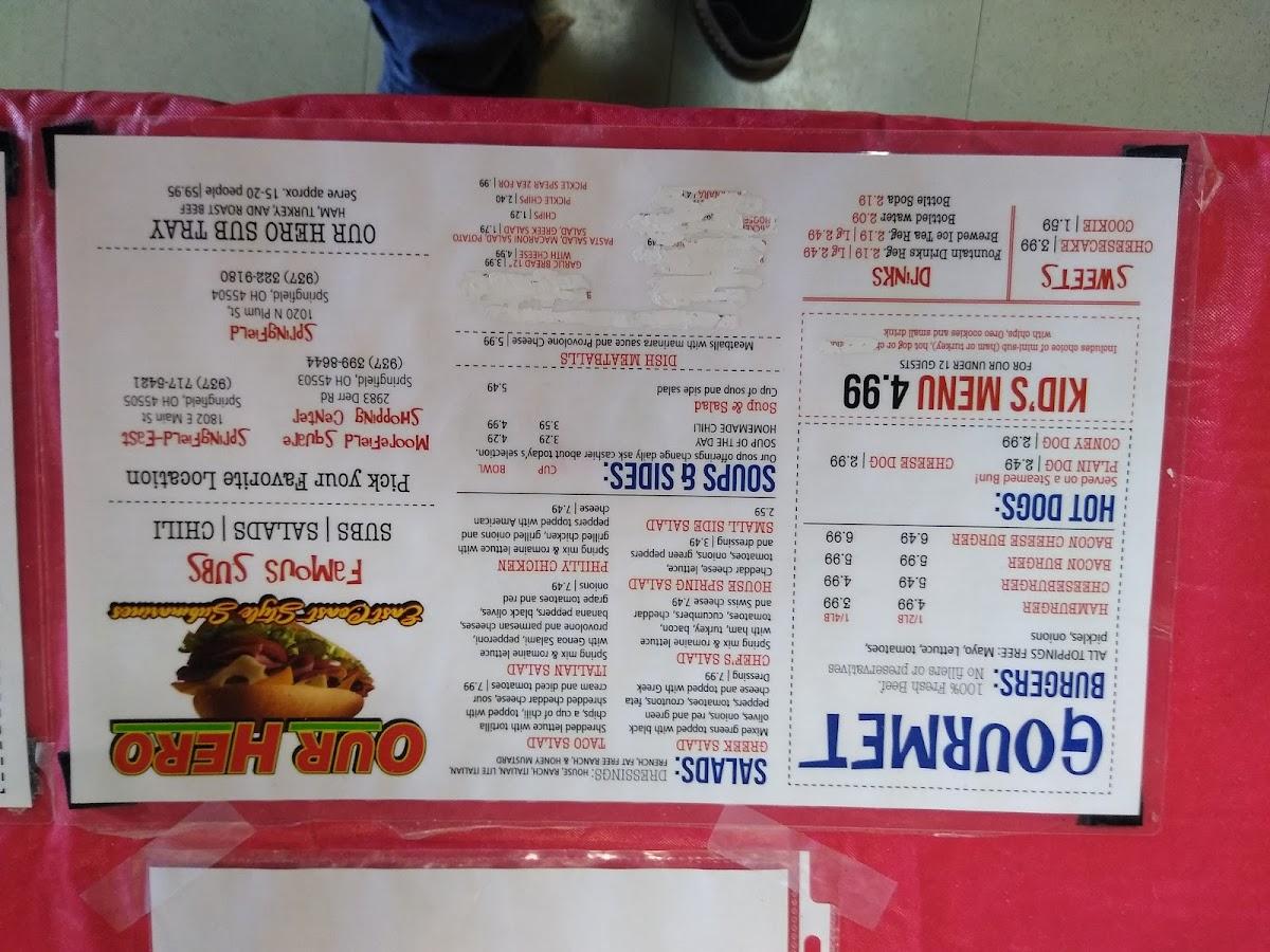 Menu at Our Hero Express Subs restaurant, Springfield, Derr Rd