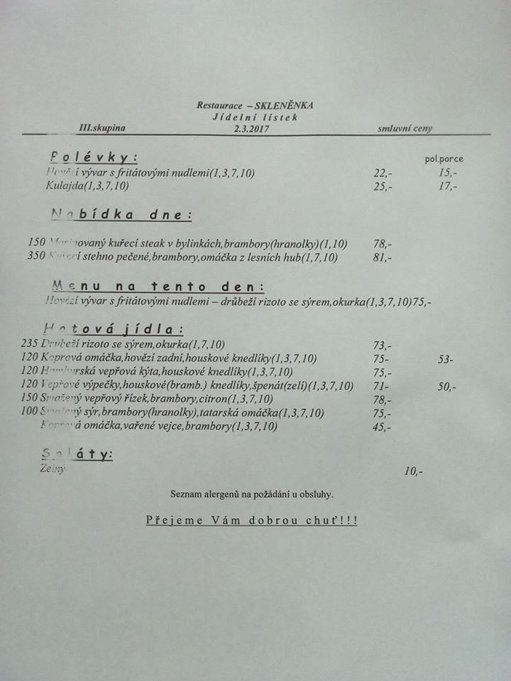 Menu at Pivnice Skleněnka restaurant, Jablonec nad Nisou