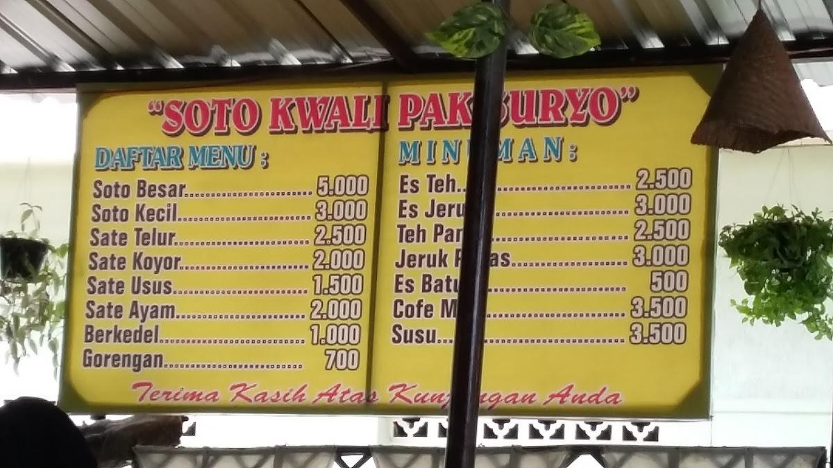 Menu at Soto Kwali Pak Suryo restaurant, Klaten