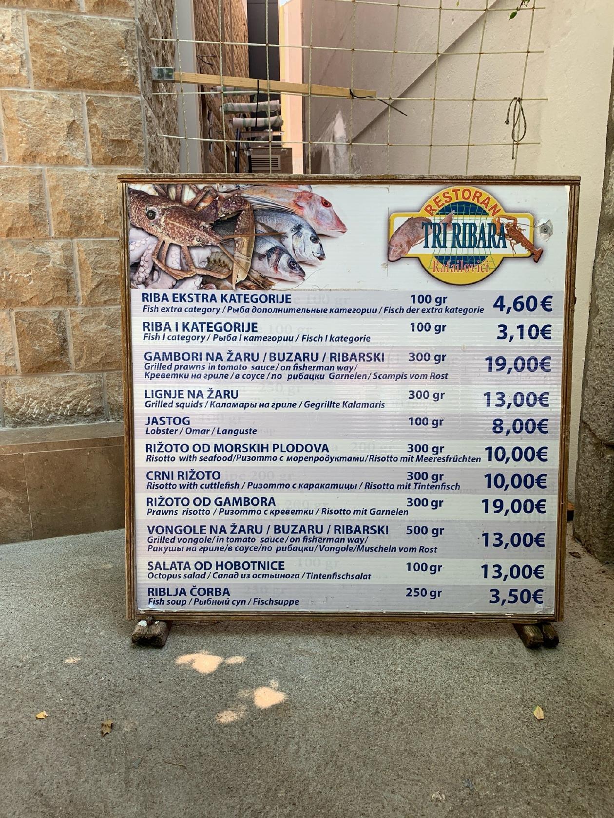 Menu at Tri Ribara, Rafailovići