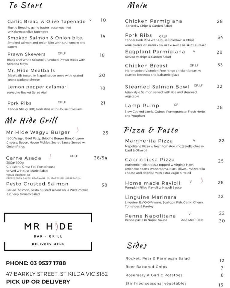 Menu at Crest on Barkly 4 star hotel, Saint Kilda