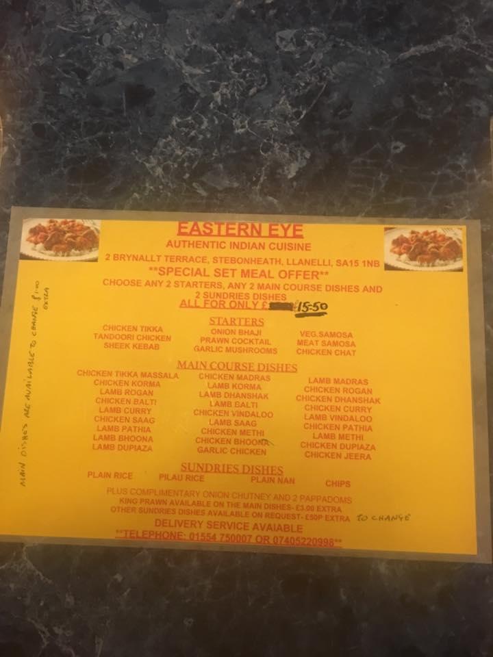 Menu at Eastern Eye restaurant, Llanelli