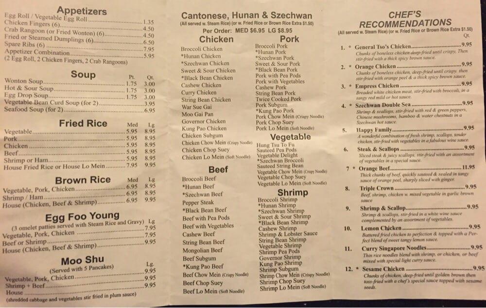 Menu at Hunan Chester restaurant, Chesterland