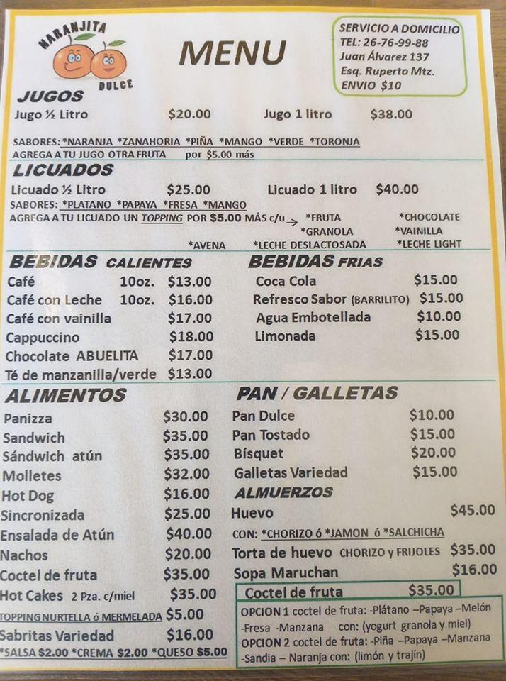 Menu at Naranjita Dulce restaurant, Monterrey