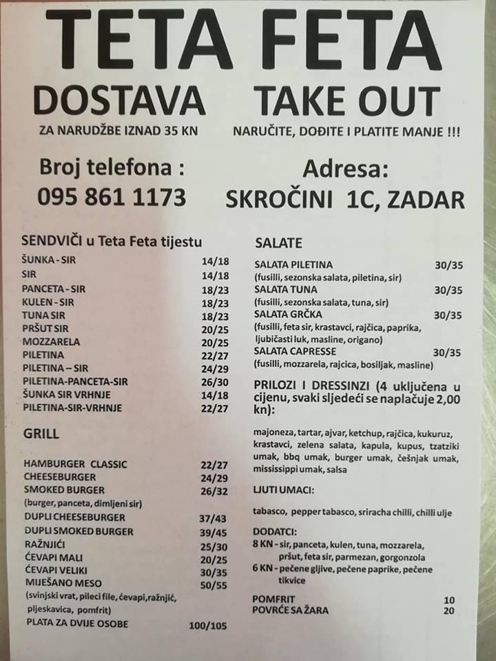Menu at Teta feta restaurant, Zadar, Stomorica ul. 1