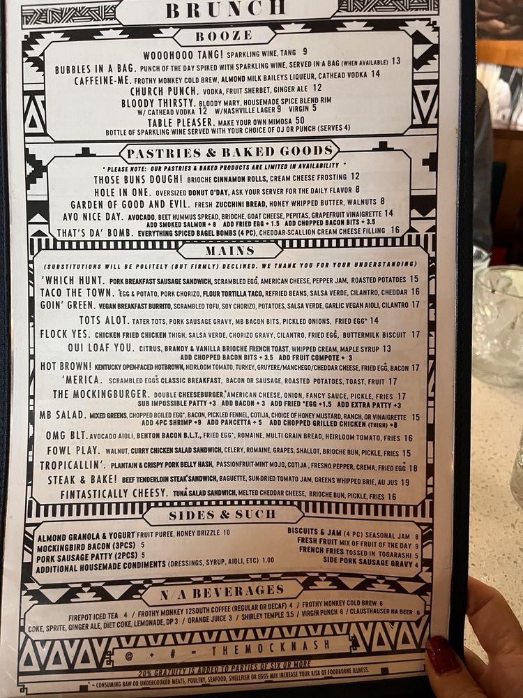 Menu at The Mockingbird restaurant, Nashville