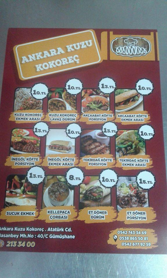 Menu at Ankara Kuzu Kokoreç, Gümüşhane