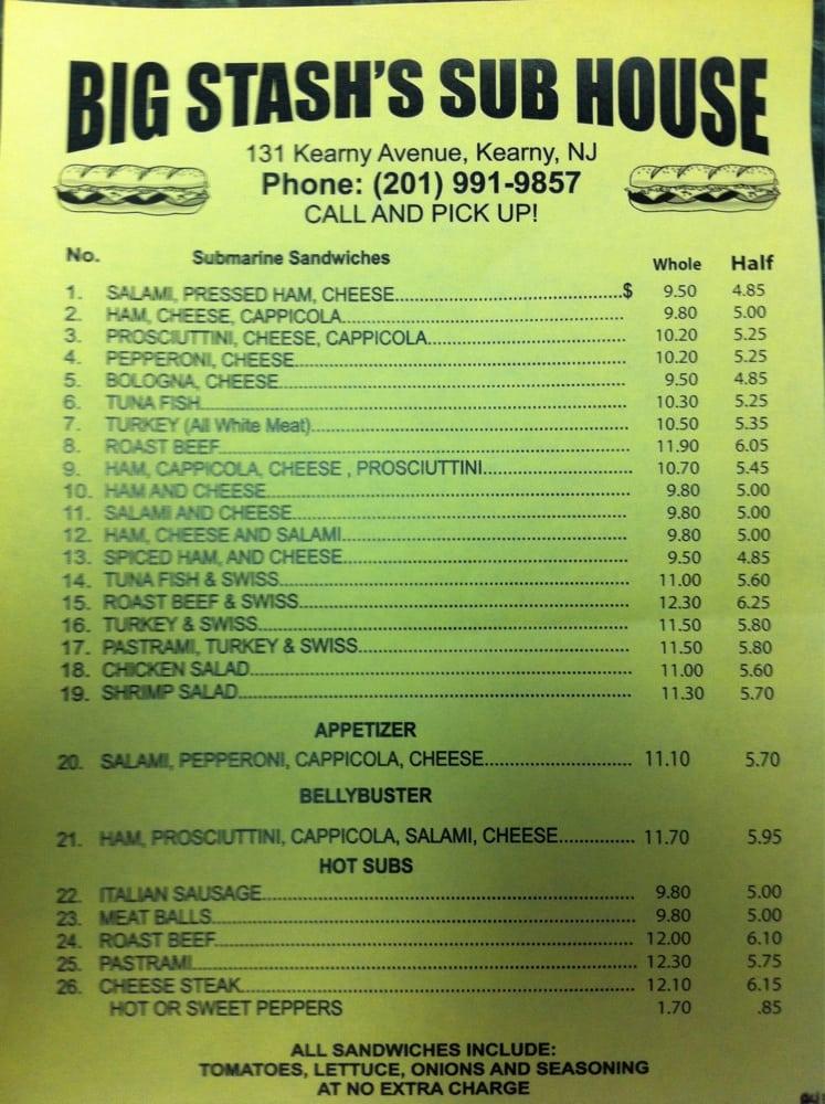 Menu at Big Stash's Sub House restaurant, Kearny