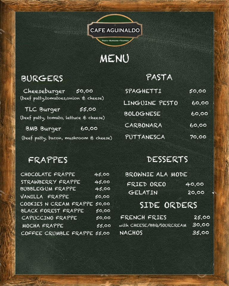 Menu at Cafe Aguinaldo, Atimonan