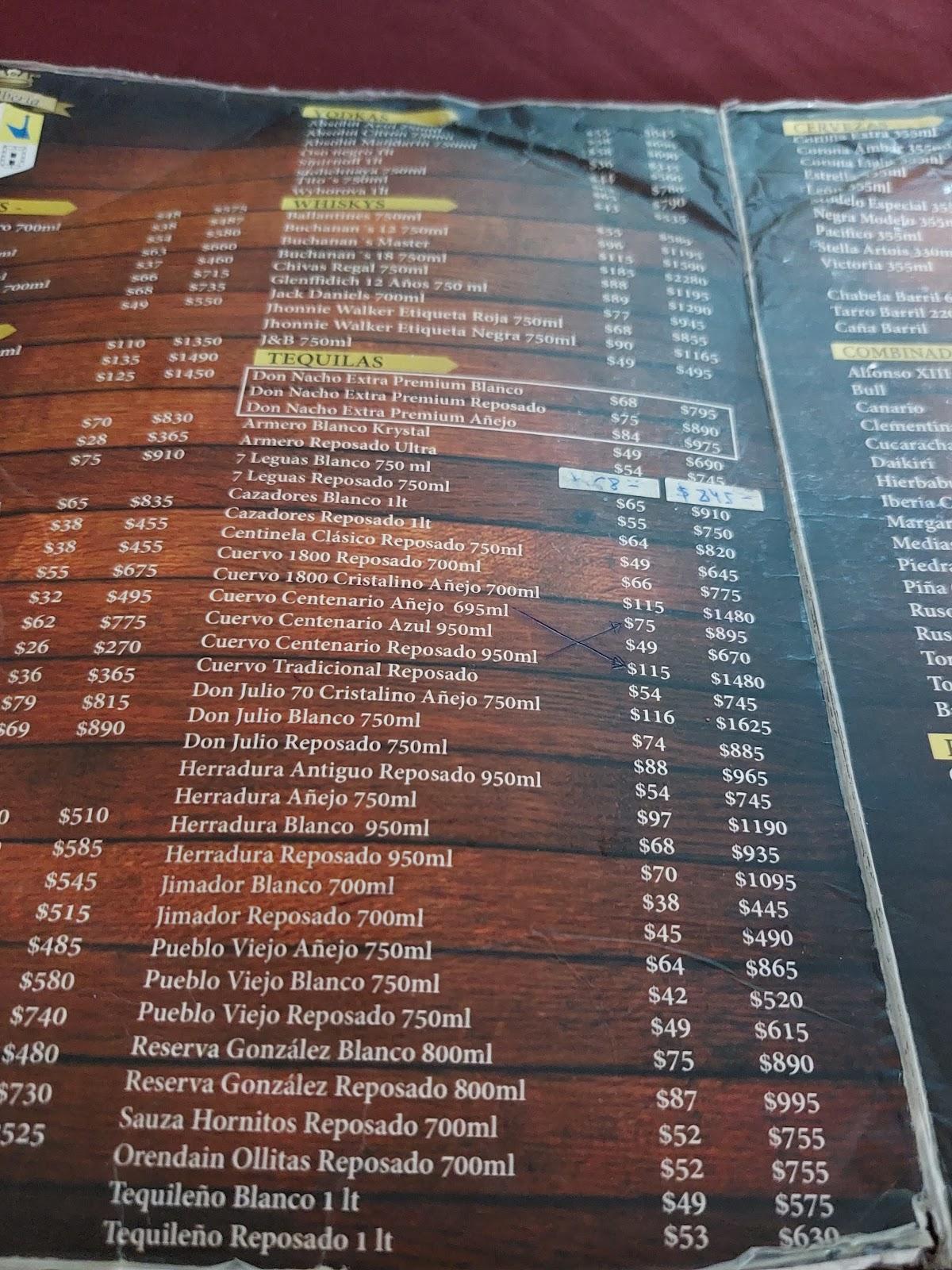 Carta del pub y bar Cantina La Iberia, Guadalajara