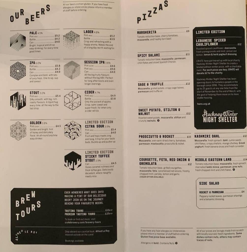 Menu at Crate Brewery pub & bar, London, Unit 7 Queen's Yard