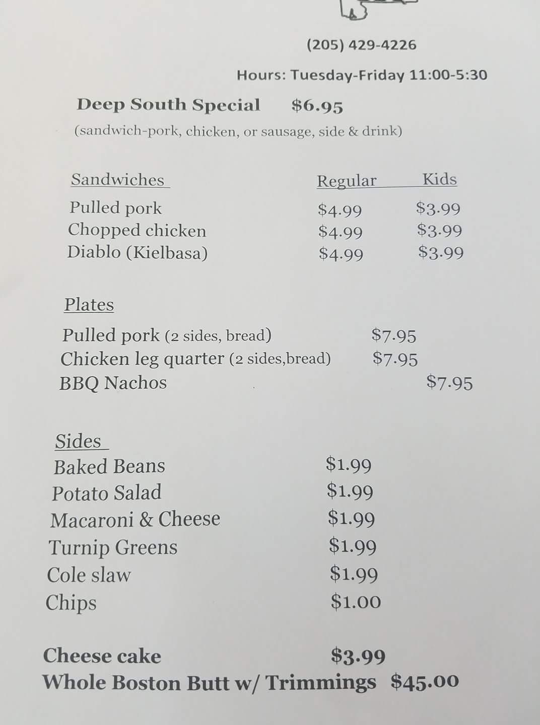 Menu at Deep South BBQ And Soul Food, Blountsville