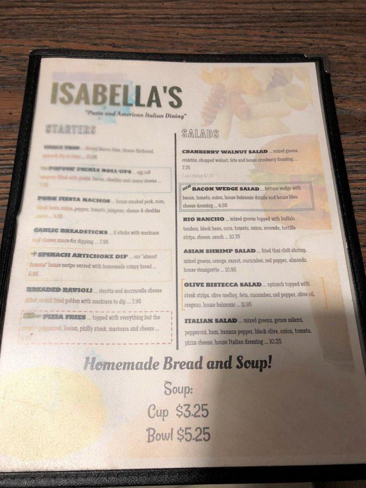 Carta de pizzería Isabella's, Newcastle